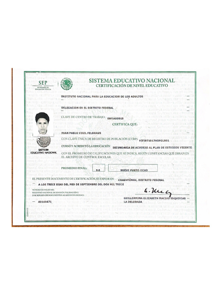 Certificado de Secundaria JPVF | PDF