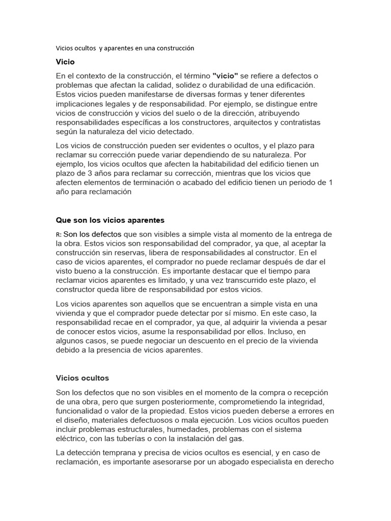 Vicios ocultos y aparentes en una construcción | PDF