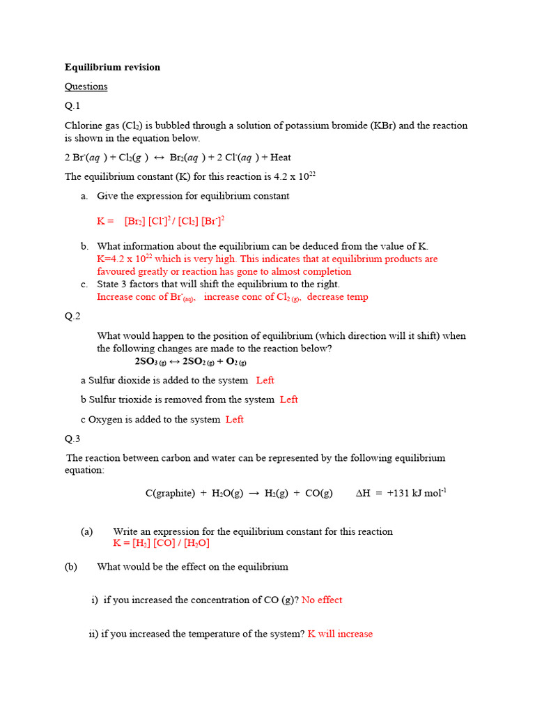 Answers To Rates & EQ Rev Qs | PDF | Chemical Equilibrium | Chemical ...