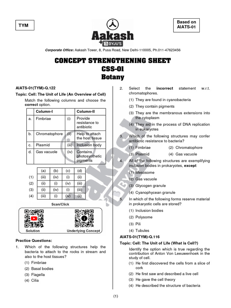 Concept Strengthening Sheet (CSS-01) Based On AIATS-01 (TYM) - Botany | PDF | Mitosis | Cell ...
