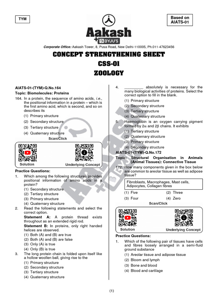 Concept Strengthening Sheet (CSS-01) Based on AIATS-01 (TYM)_Zoology | PDF | Connective Tissue ...