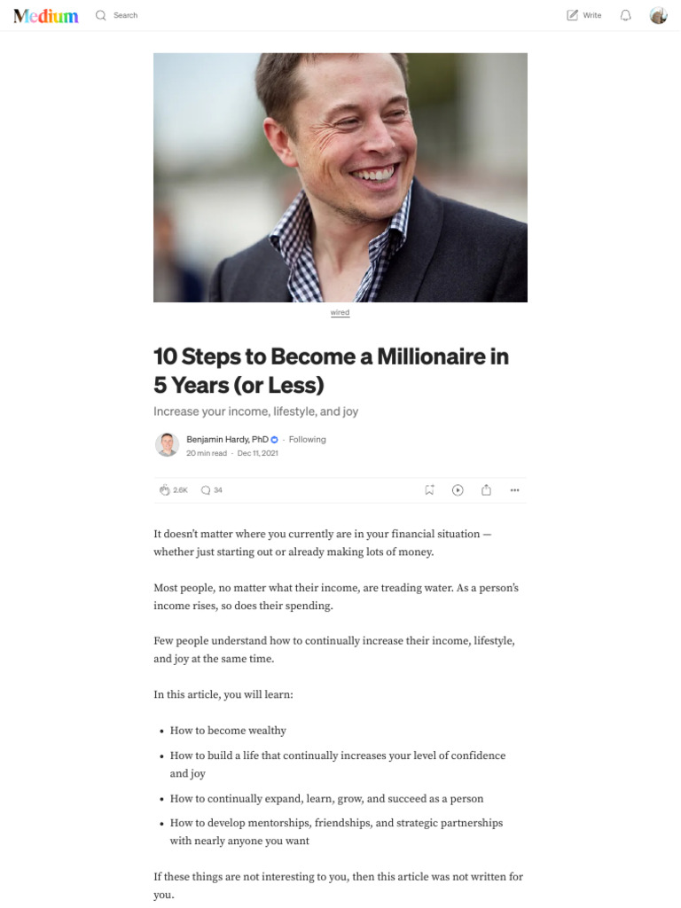 10 Steps To Become A Millionaire in 5 Years (Or Less) - by Benjamin Hardy, PHD - Medium | PDF ...