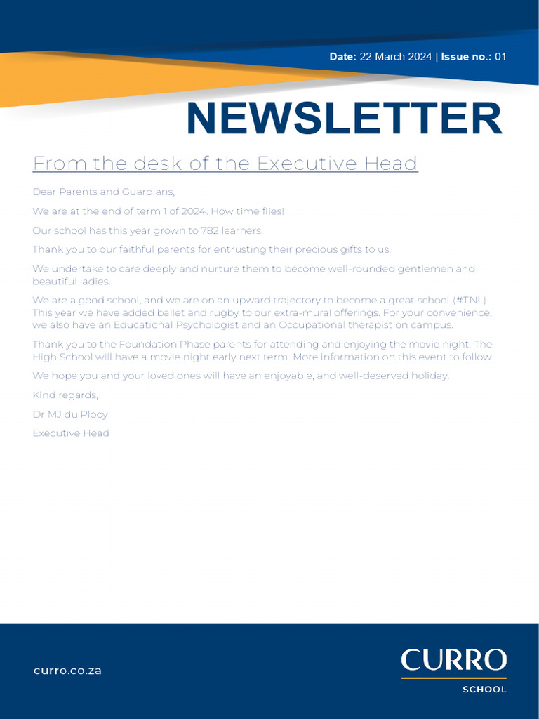 Curro Bloemfontein Newsletter 22 March 2024 | PDF | Learning | Textbook