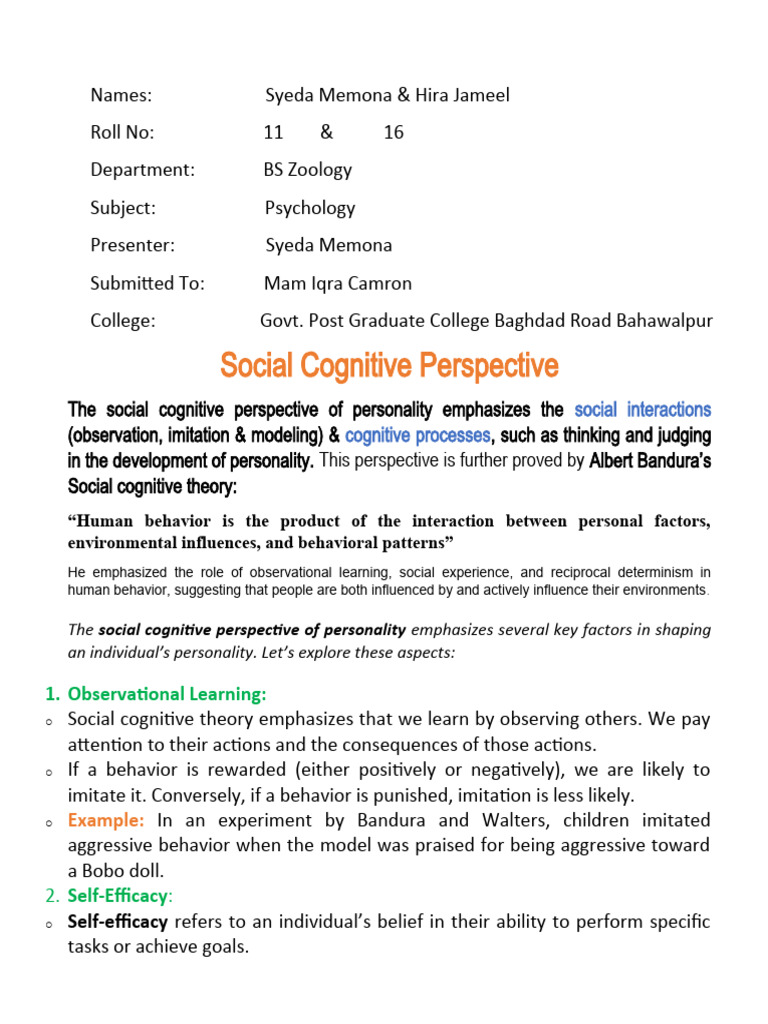 Social Cognitive Theory in Personality | PDF | Self Efficacy | Mental ...