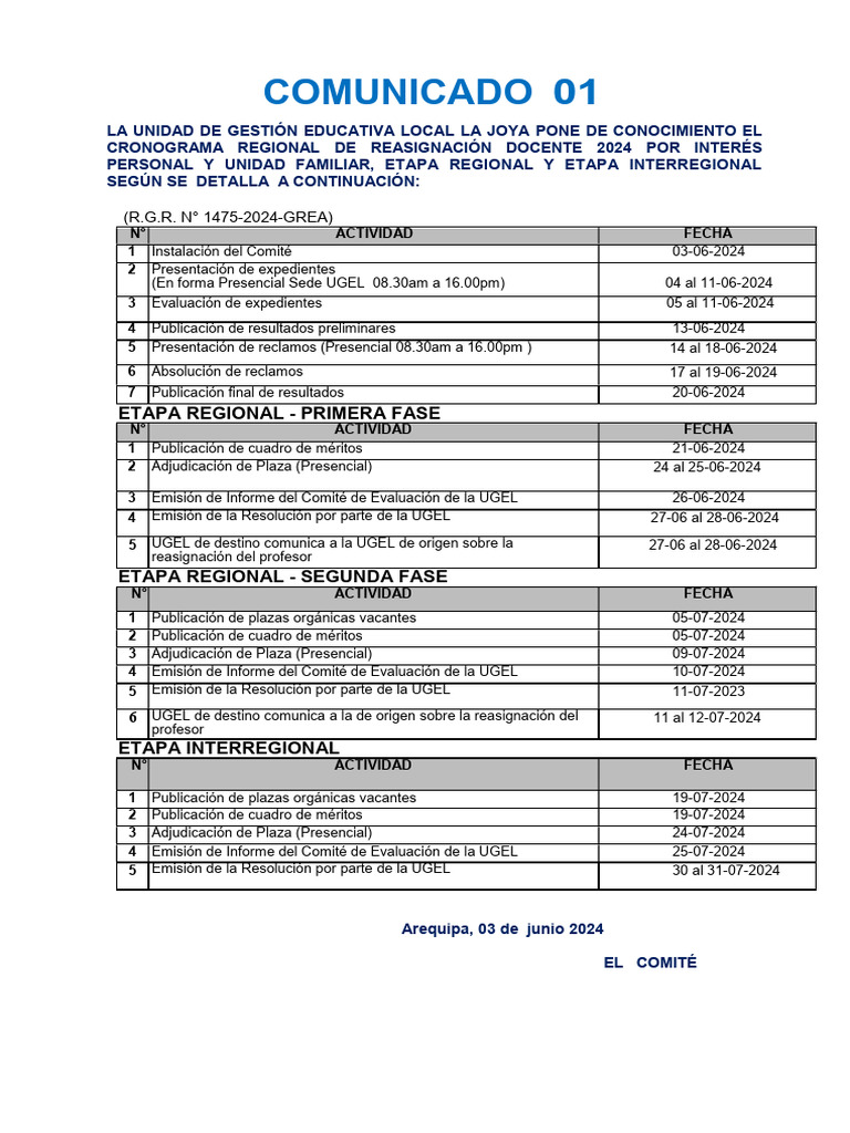 01 Comunicado 01 Cronograma Reasignacion 20230601 | PDF