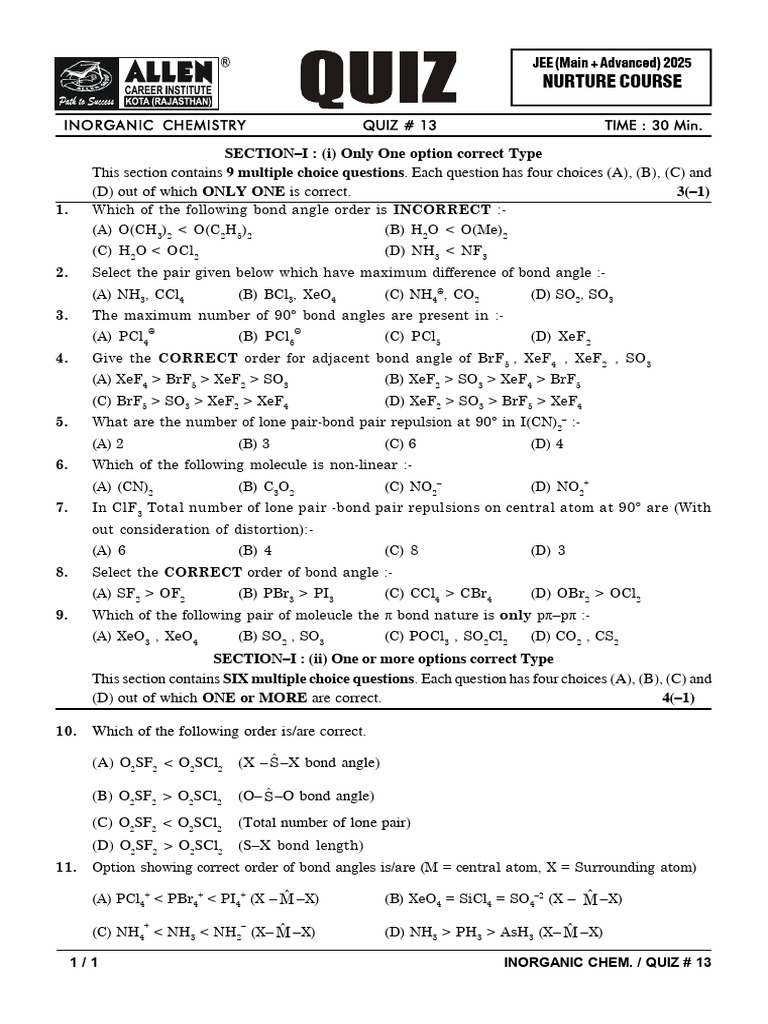Quiz 13 Student | PDF | Chemical Bond | Chemistry