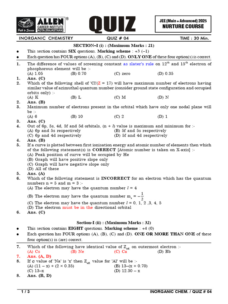 Quiz 04 With Answer | PDF | Atomic Orbital | Theoretical Physics