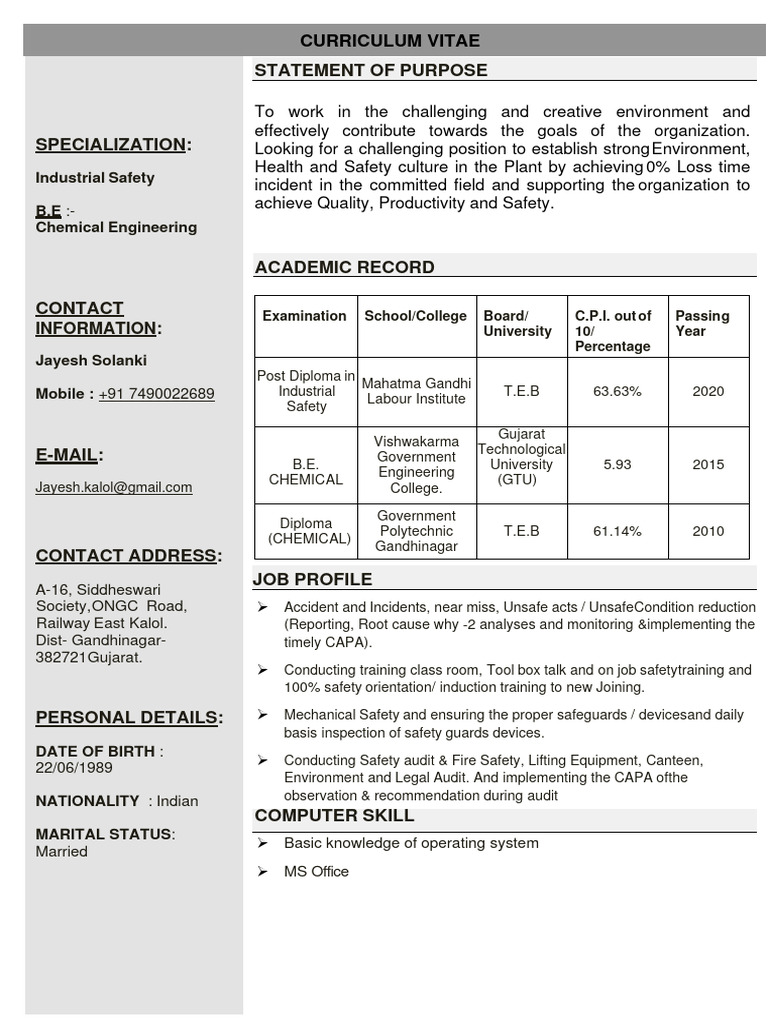 Jayesh Solanki - BE - Chem-PDIS | PDF | Occupational Safety And Health ...