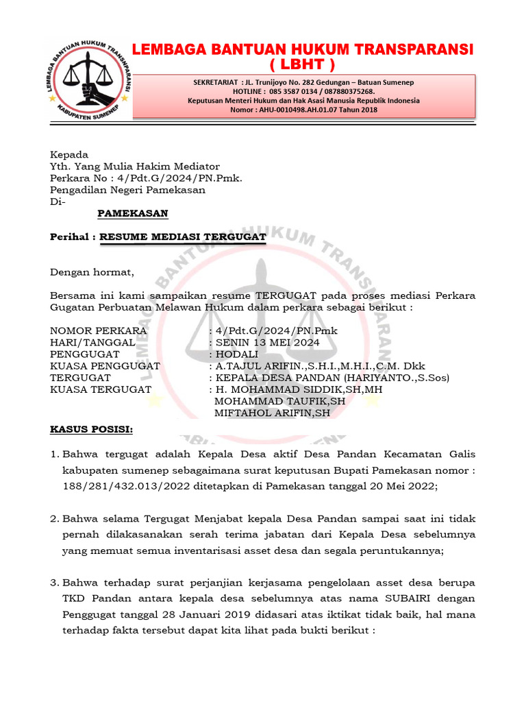 Resume Mediasi Perkara Perdata 2024 | PDF
