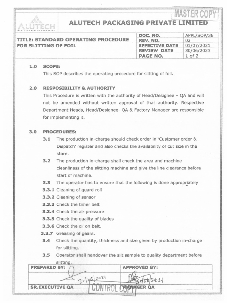 Sop For Slitting Machine | PDF