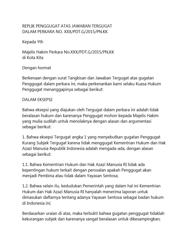 Replik Penggugat dalam Perkara Hukum | PDF | Hukum