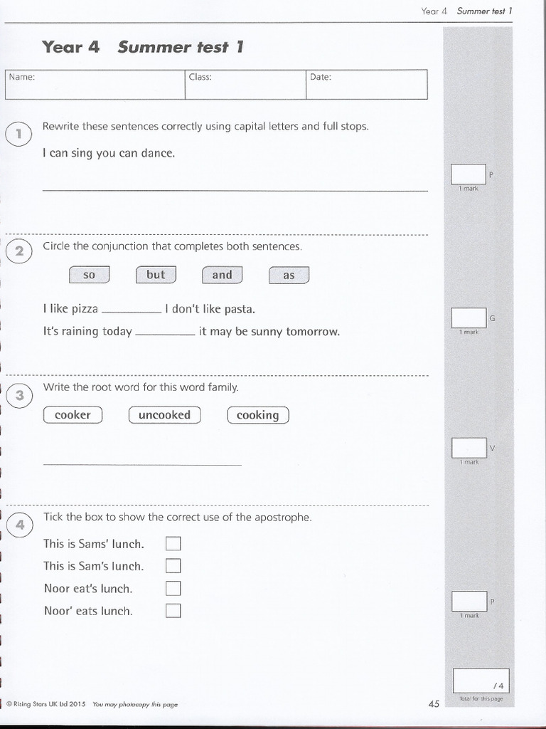 Year 4 Grammar Punctuation and Spelling Quiz | PDF