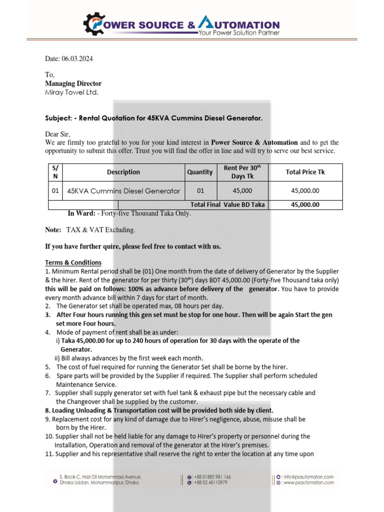 45KVA Cummins Diesel Generator Rental Quotation[1] | PDF | Business ...