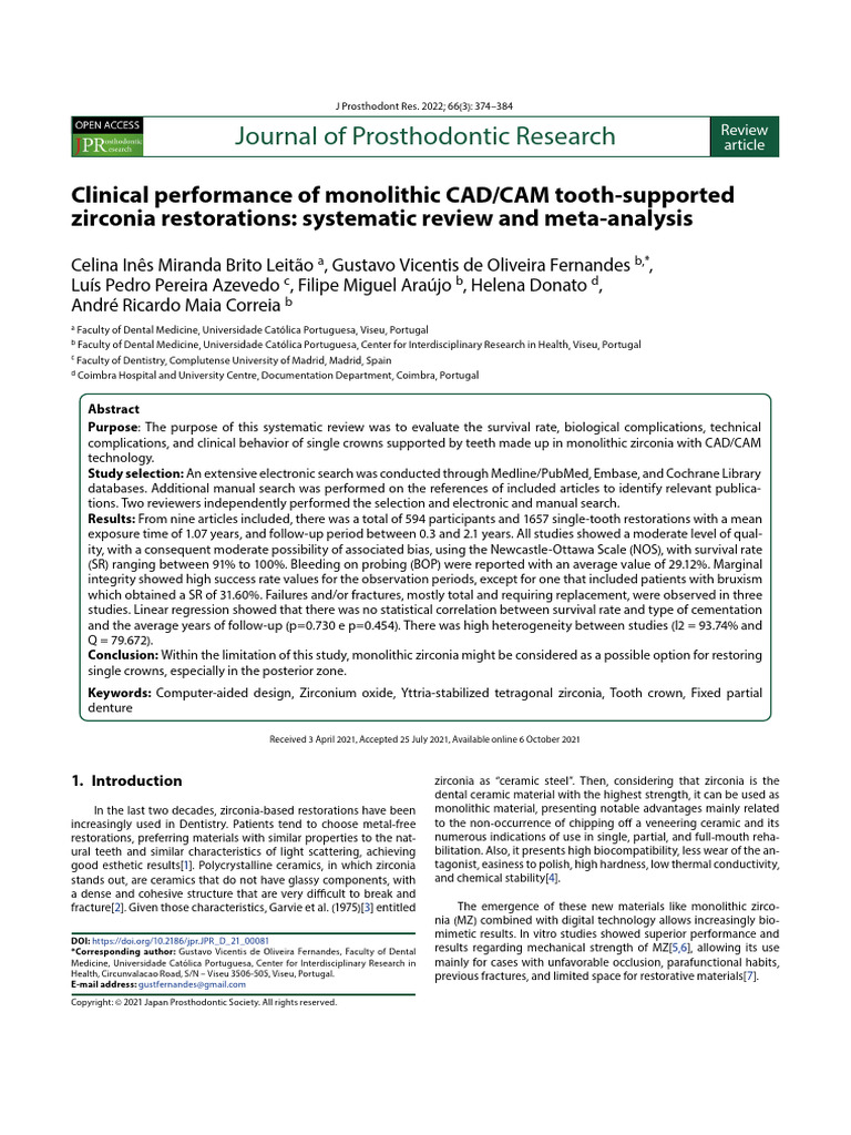 Clinical Performance of Monolithic CAD:CAM Tooth-Supported Zirconia ...