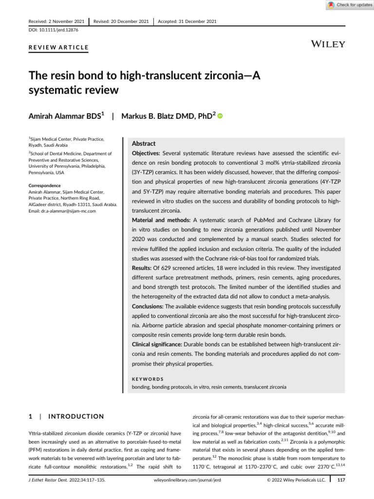 The Resin Bond To High-Translucent Zirconia-Asystematic Review | PDF ...