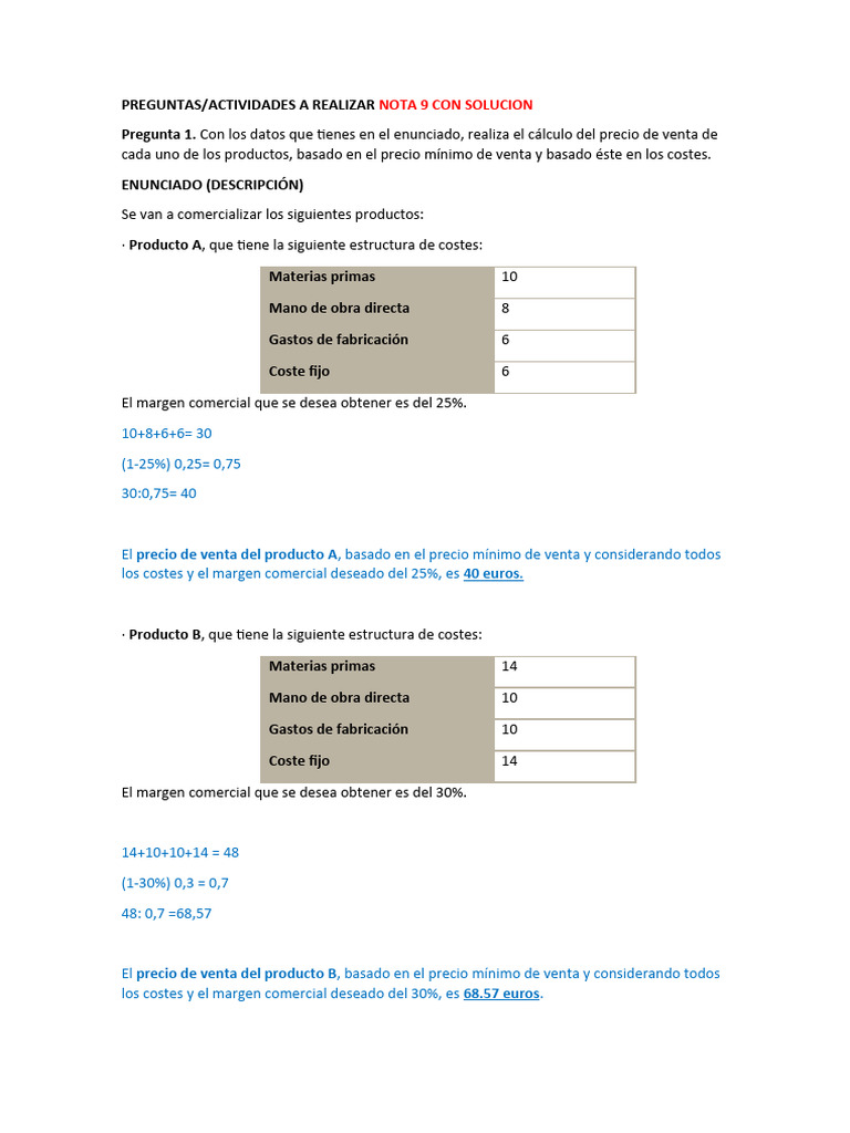 UD 1 - Ejercicio 7 # Calculo Del Precio Mínimo de Venta Word | PDF | Economias