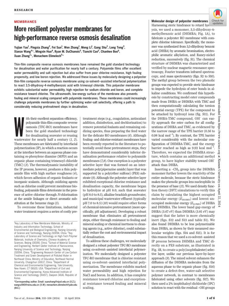 Chlorine-Resistant Polyester Membranes | PDF | Membrane | Polyester