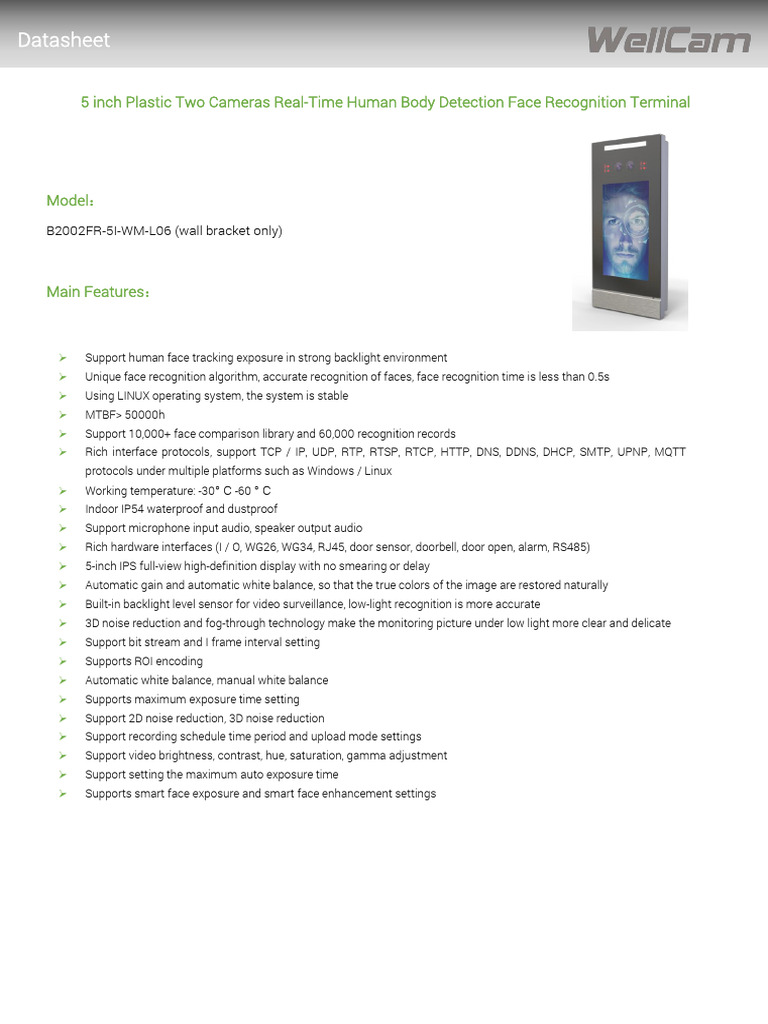 Datasheet: 5 Inch Plastic Two Cameras Real-Time Human Body Detection Face Recognition Terminal ...