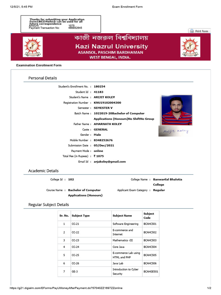 Exam Enrollment Form for BCA Students | PDF | Application Software ...