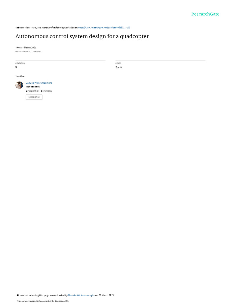 Autonomous Control System Design For A Quadcopter: March 2021 | PDF | Rotation | Control Theory