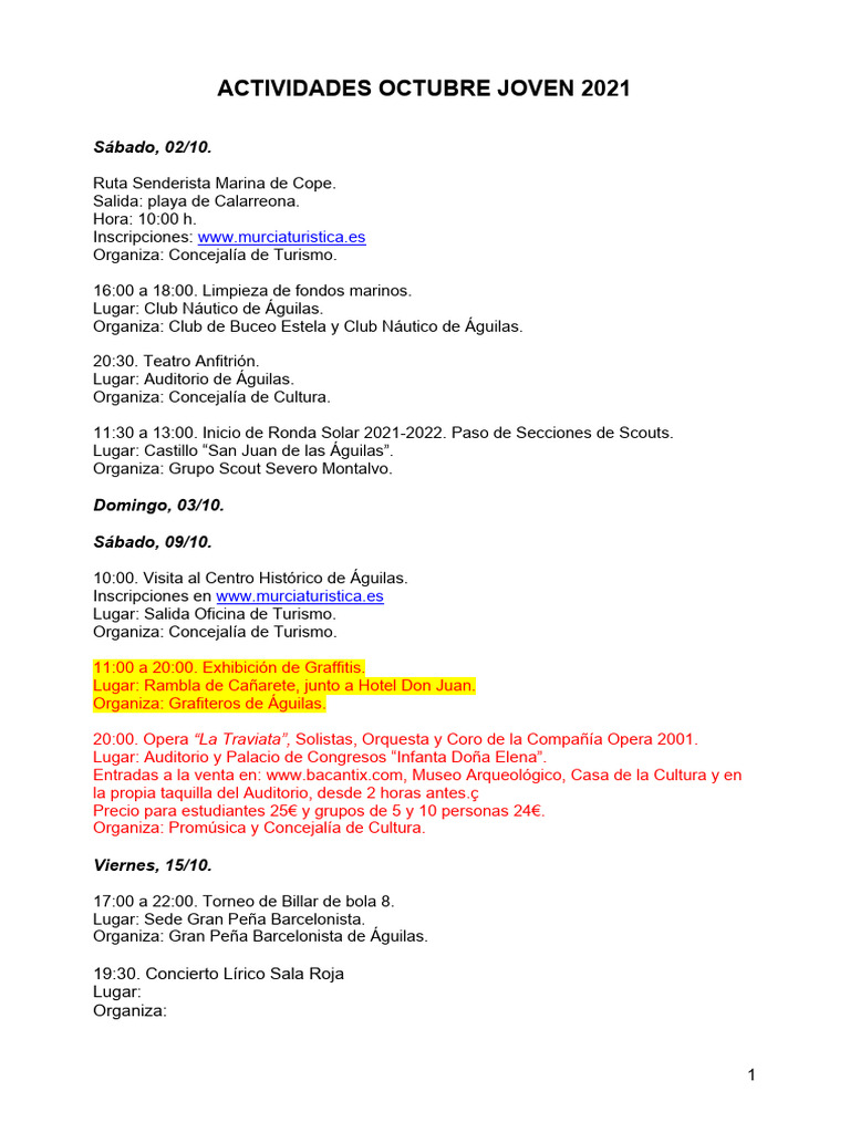 Actividades Jóvenes Águilas Octubre 2021 | PDF