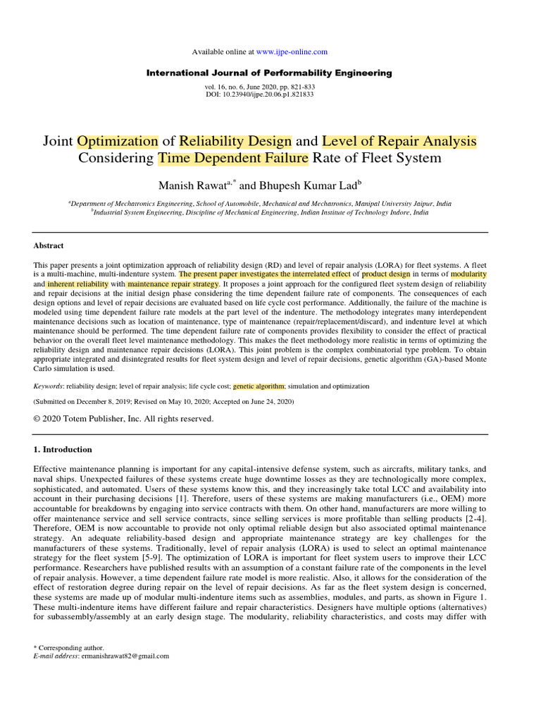 1 Joint Optimization of Reliability Design and Level of Repair Analysis Considering Time ...