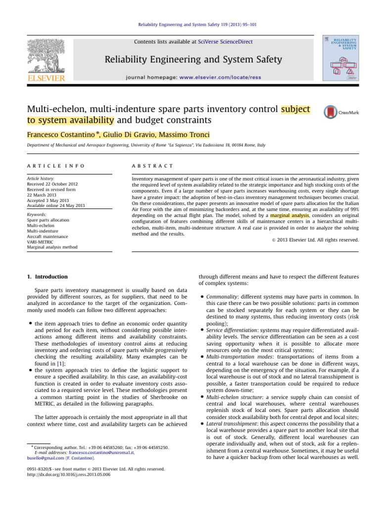 1 Multi-Echelon, Multi-Indenture Spare Parts Inventory Control Subject To System Availability ...