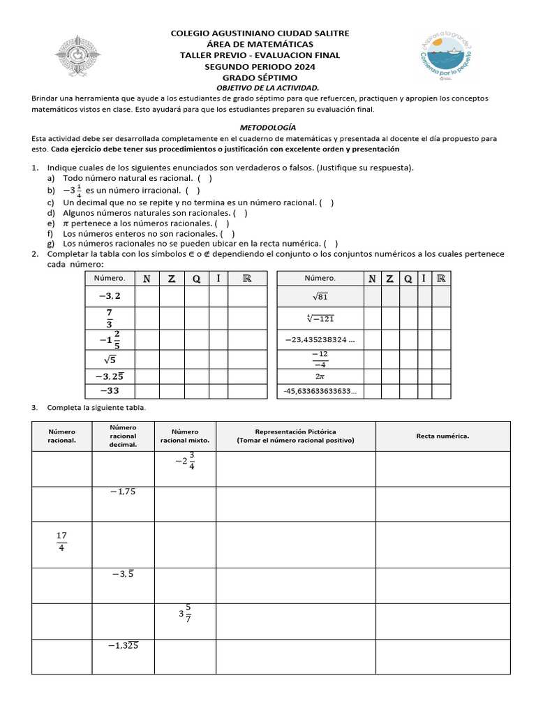 Actividad Previa Final 2P Septimo 2024 | PDF | Número racional | Número Real