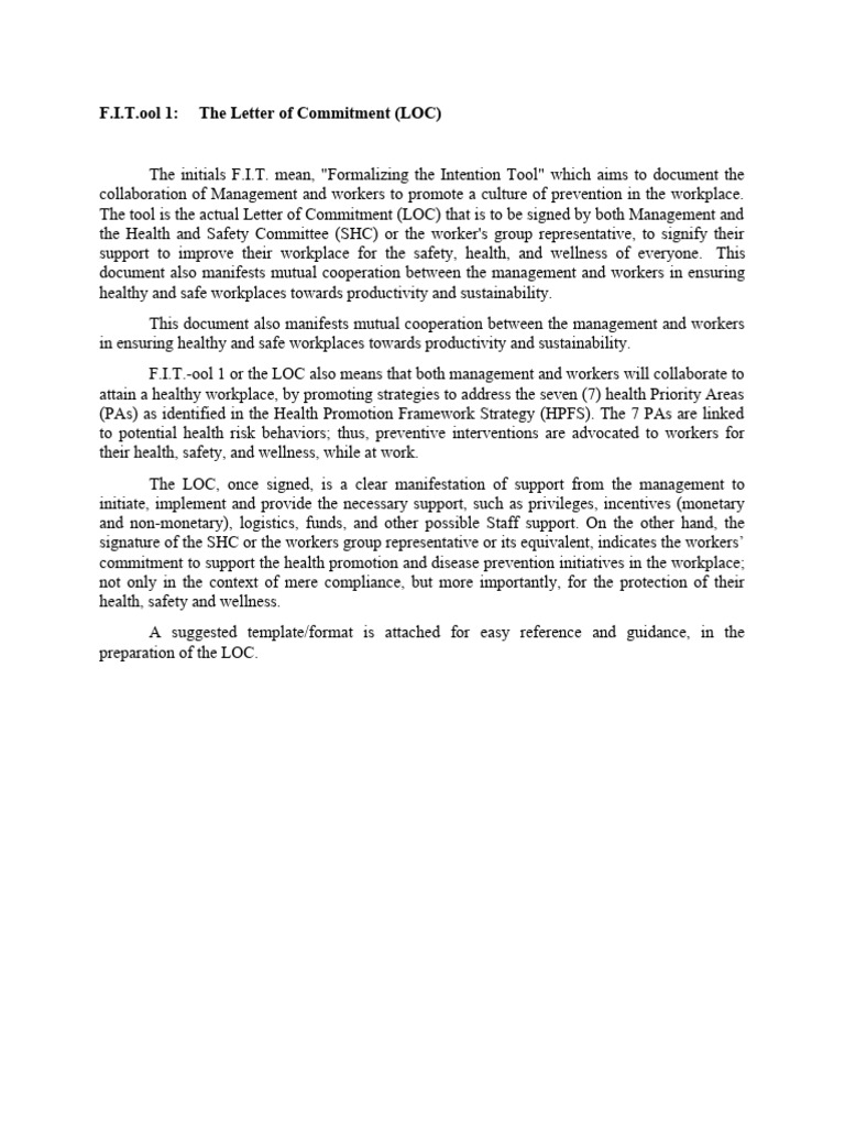 F.I.T.ool 1: The Letter of Commitment (LOC) | PDF | Occupational Safety ...