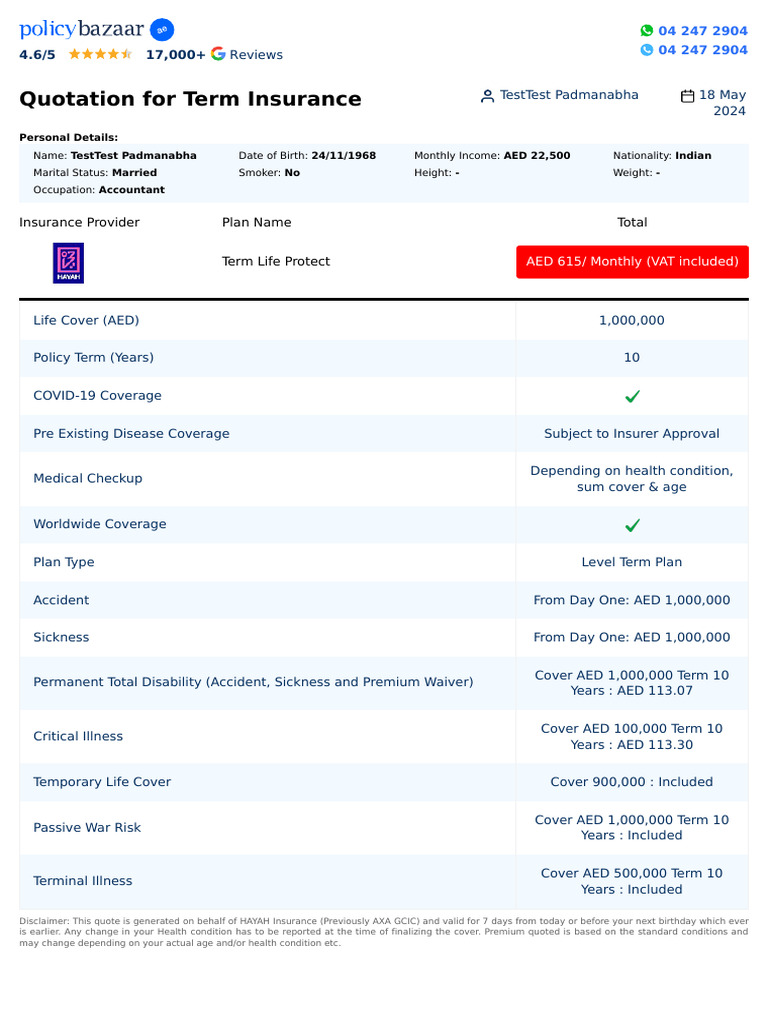 Quotation For Term Insurance: Insurance Provider Plan Name Total Term ...