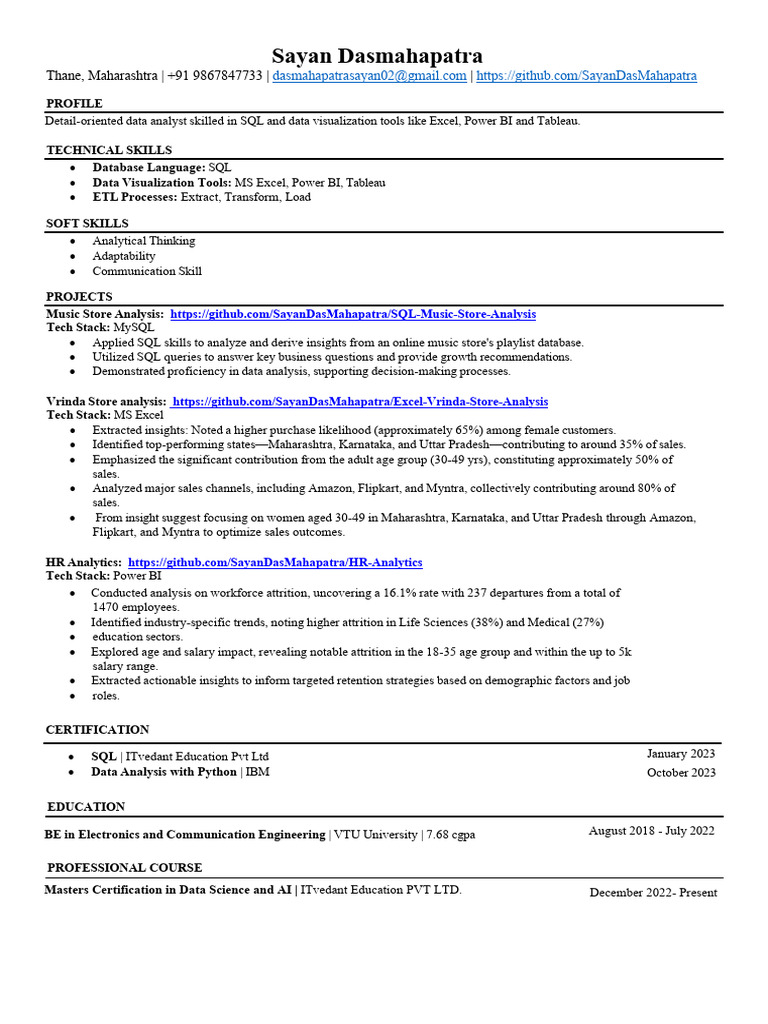 Sayan - Resume For MSI | PDF | Data Analysis | Information Technology Management