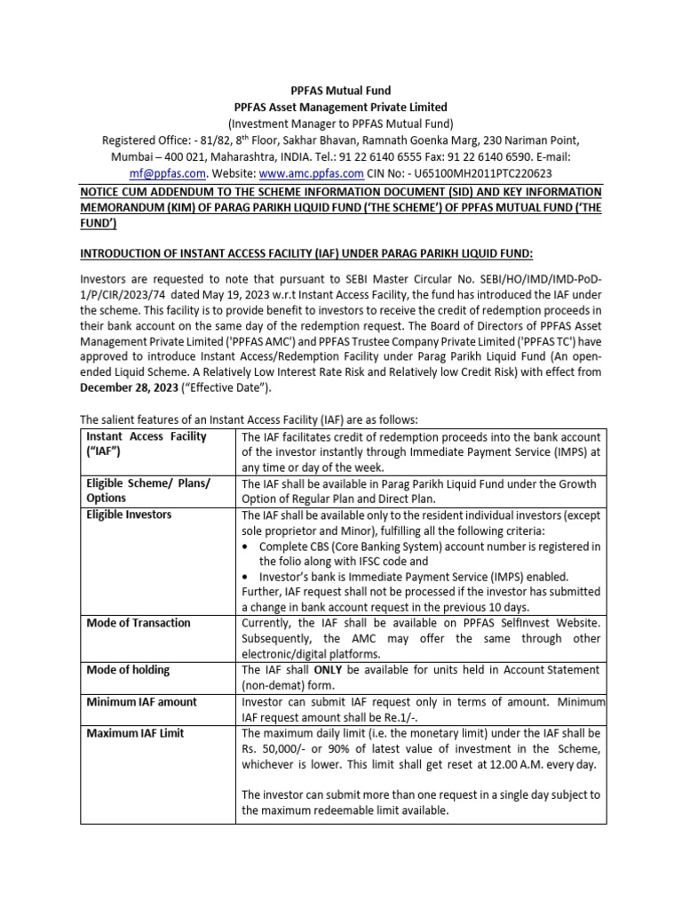 Notice Cum Addendum For Introduction of Instant Access Facility Under Parag Parikh Liquid Fund ...