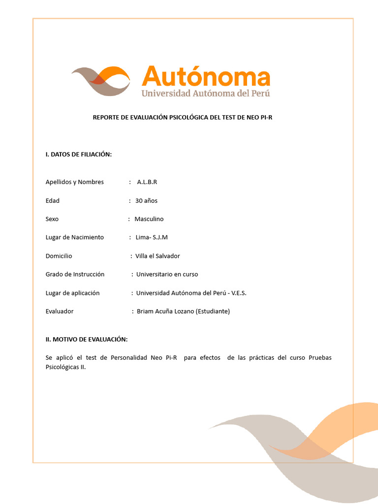 INFORME NEO PIR | Descargar gratis PDF | Las emociones | Comportamiento