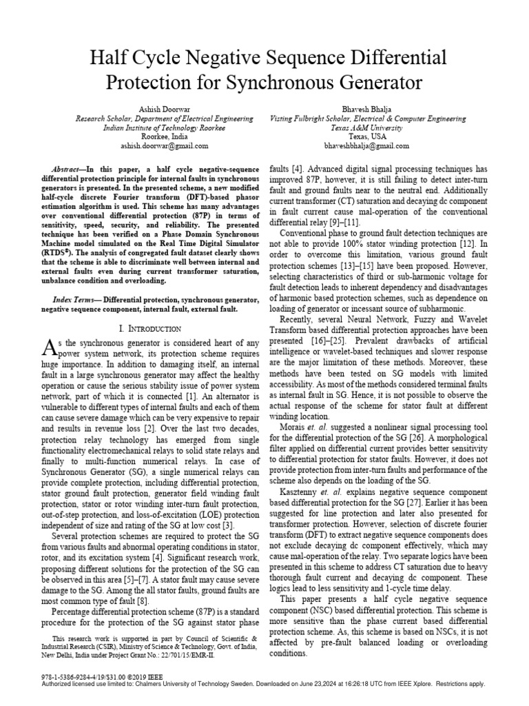 Half Cycle Negative Sequence Differential Protection For Synchronous Generator | Download Free ...