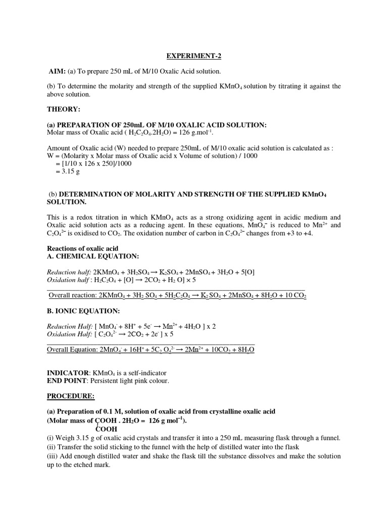 Experiment-2_KMnO4 vs Oxalic acid (1) | PDF | Redox | Titration