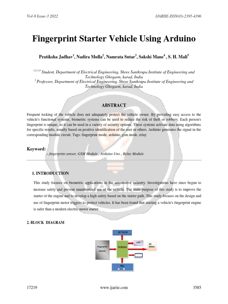 Fingerprint Starter Vehicle Using Arduino Ijariie17219 | PDF | Arduino | Electrical Connector