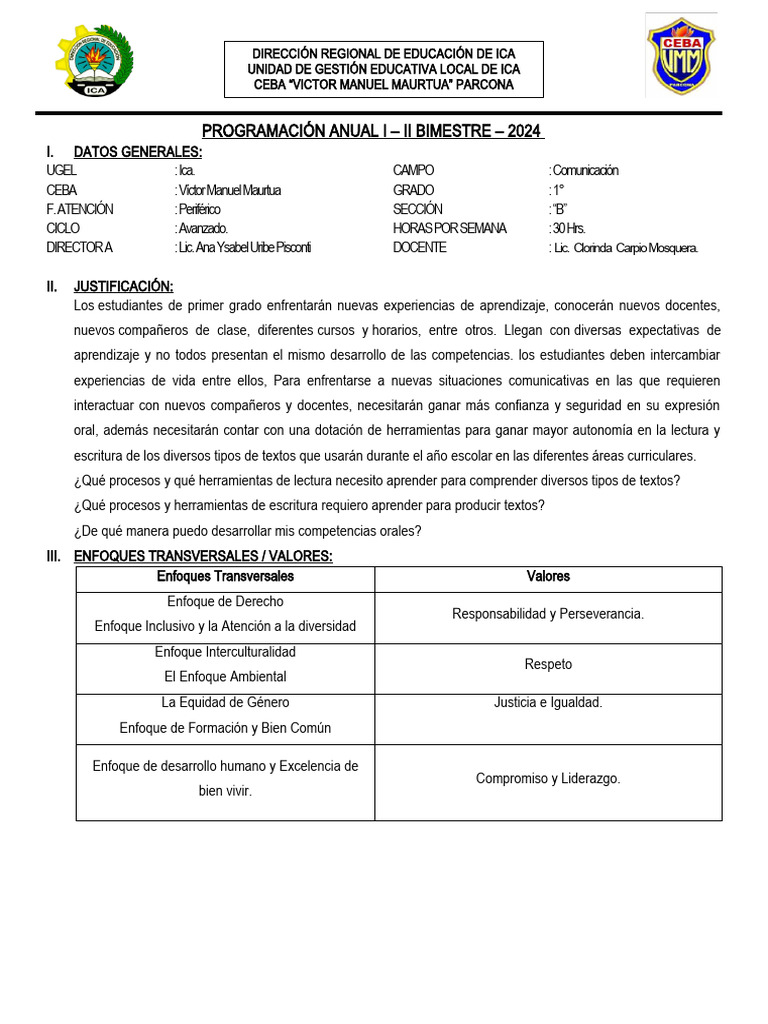 Programacion Anual 1ro Comunicacion Periferico - Victor Manuel Maurtua | PDF | Aprendizaje ...