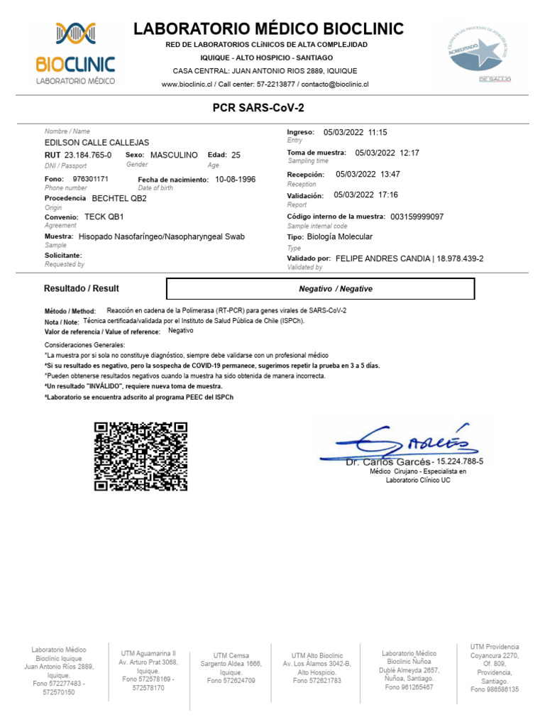 Resultado PCR SARS-CoV-2 Negativo | PDF | Ciencias de la Salud ...