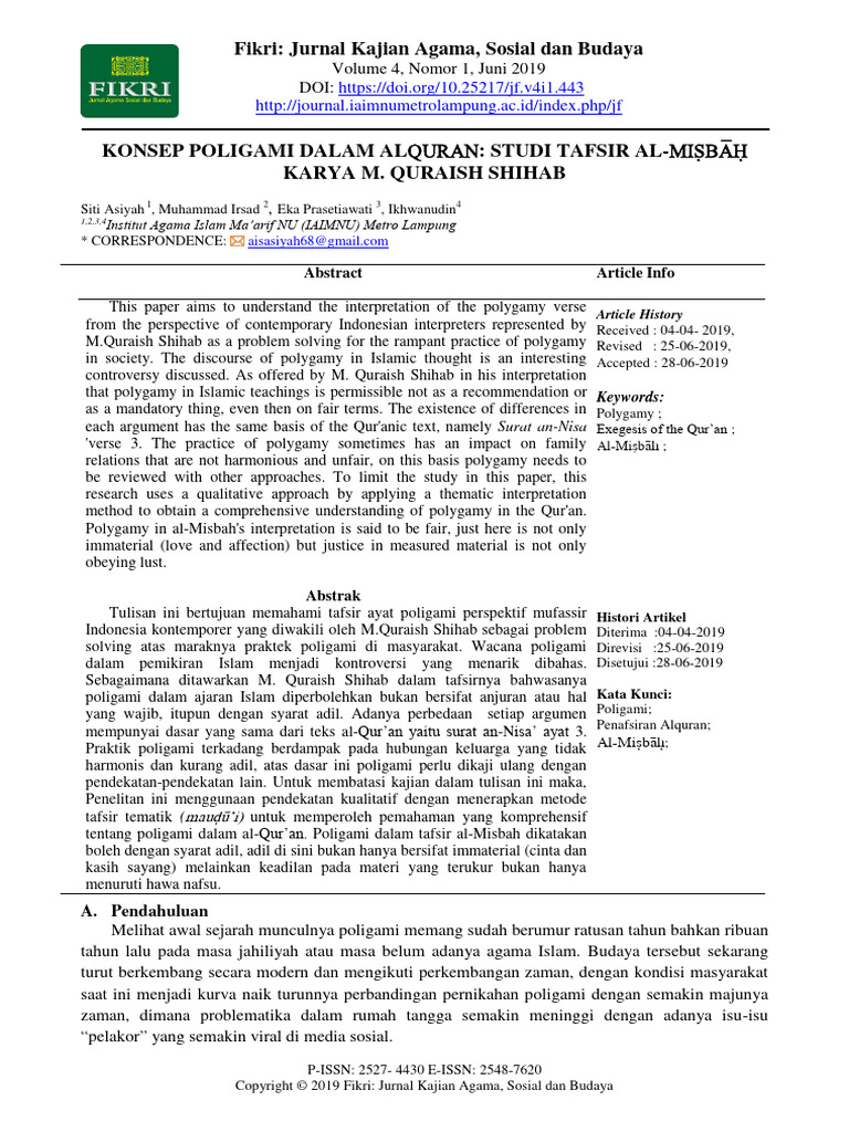 Konsep Poligami Dalam Alquran Studi Tafsir Al-Misb | PDF