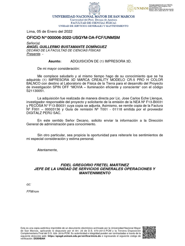 Oficio 000006 2022 Usgym Da FCF | PDF