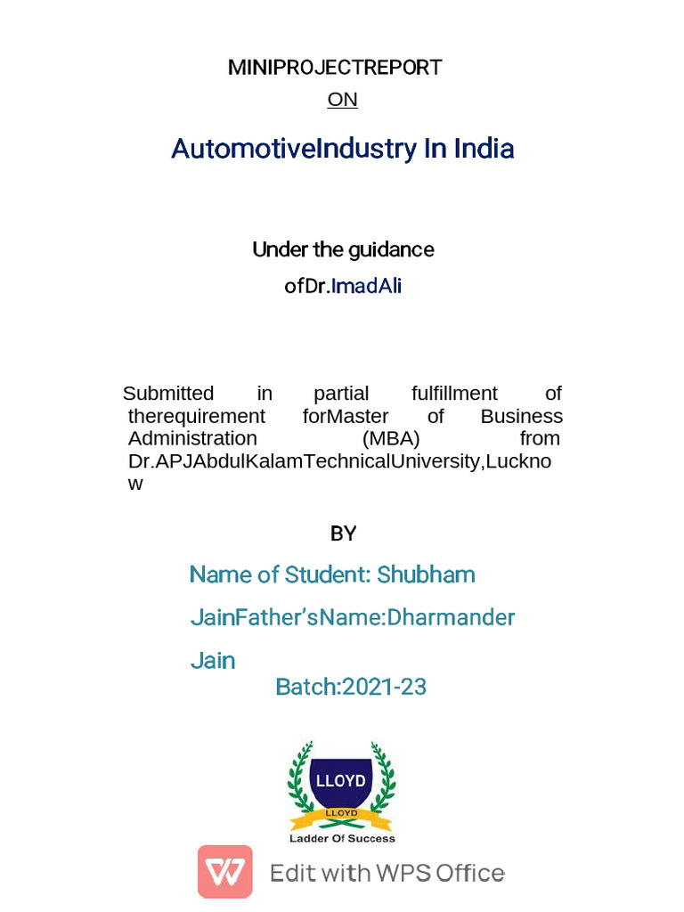 Automotive - Industry - in - India Mba Mini Project PDF | Download Free ...