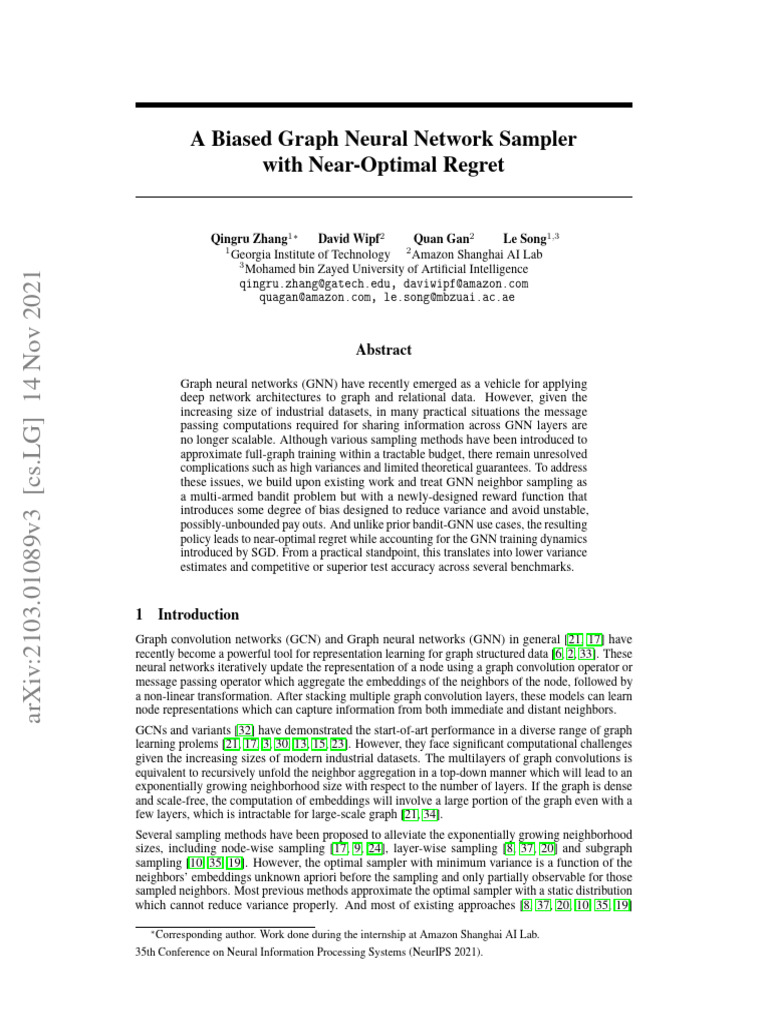 A Biased Graph Neural Network Sampler With Near Optimal Regret | PDF ...