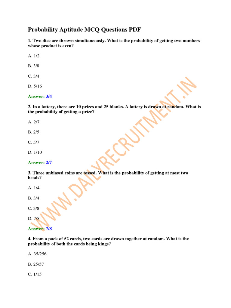 Probability Aptitude MCQ Questions PDF | PDF | Probability | Gaming