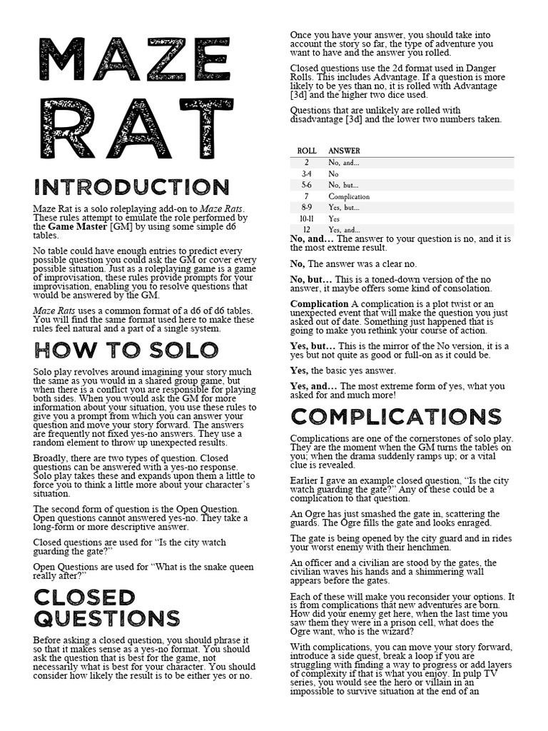 Maze Rat Solo Roleplay (Maze Rats) | PDF | Role Playing Games | Role Playing Video Games