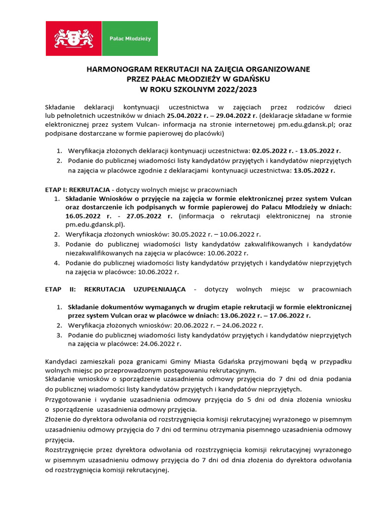 Harmonogram Rekrutacji Na Zajęcia 2022-2023 | PDF