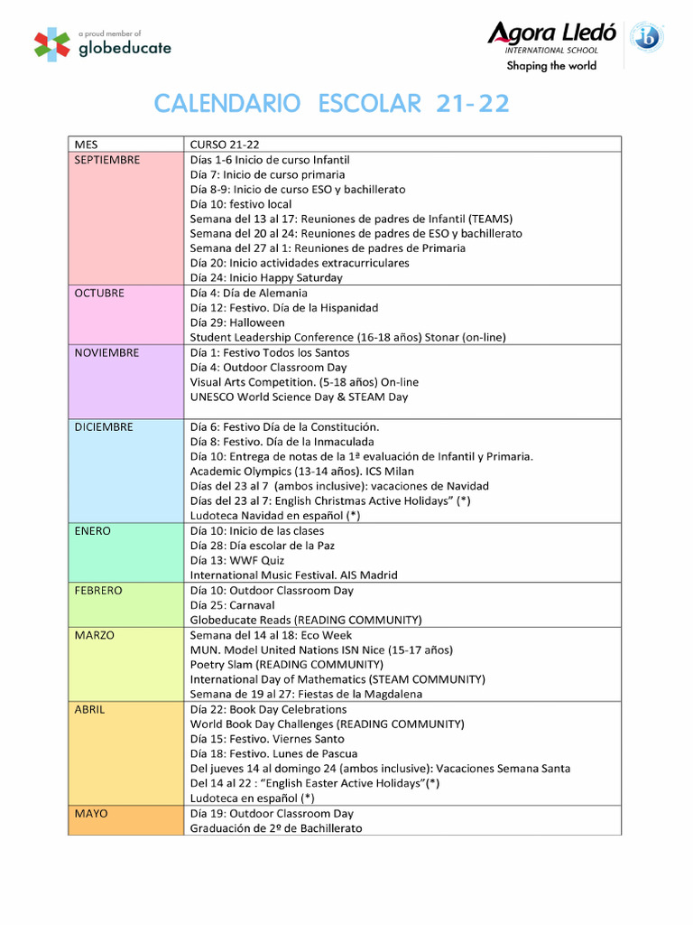 Calendario Escolar 21-22 | PDF