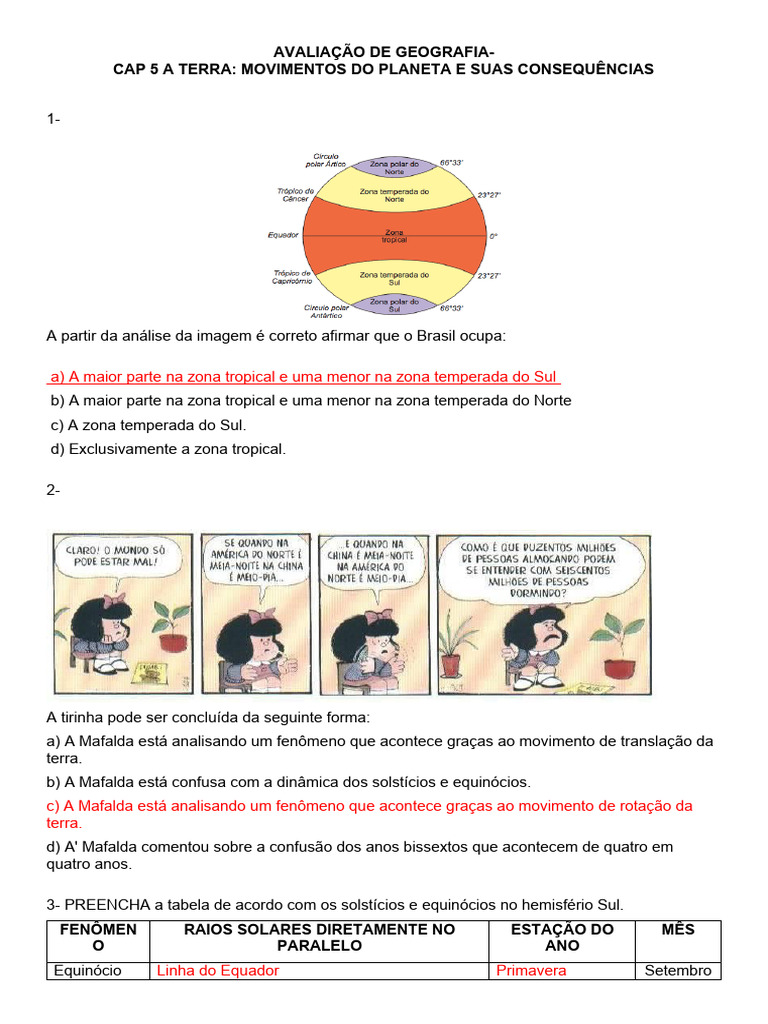 6º Prova Geografia - Cap 5 A Terra Movimentos Do Planetas e Suas Consequências | PDF | Trópicos ...