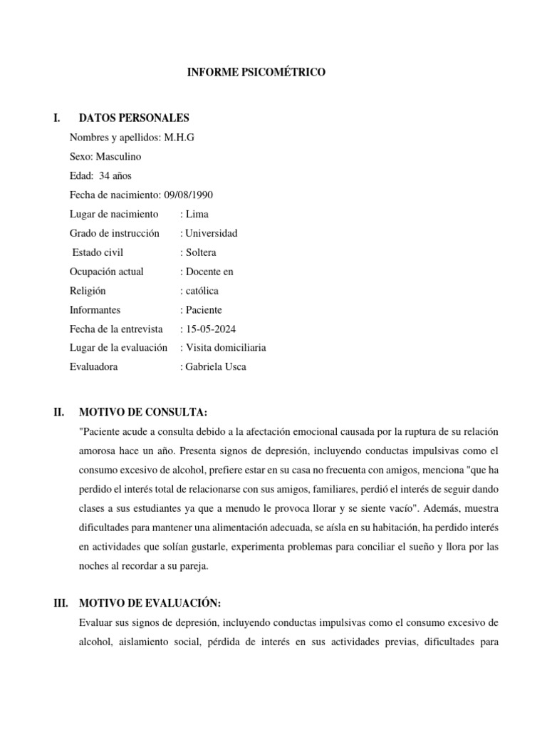 Modelo de informe psicométrico gabi usca completo | Descargar gratis PDF | Trastorno depresivo ...