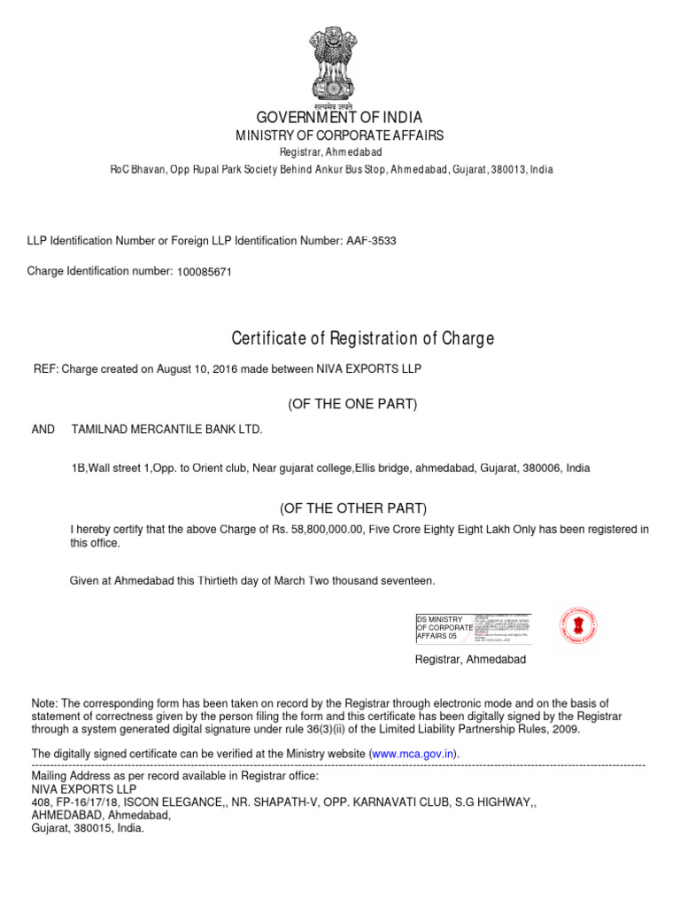 Certificate of Registration of Charge - 30MAR2017 | Download Free PDF ...