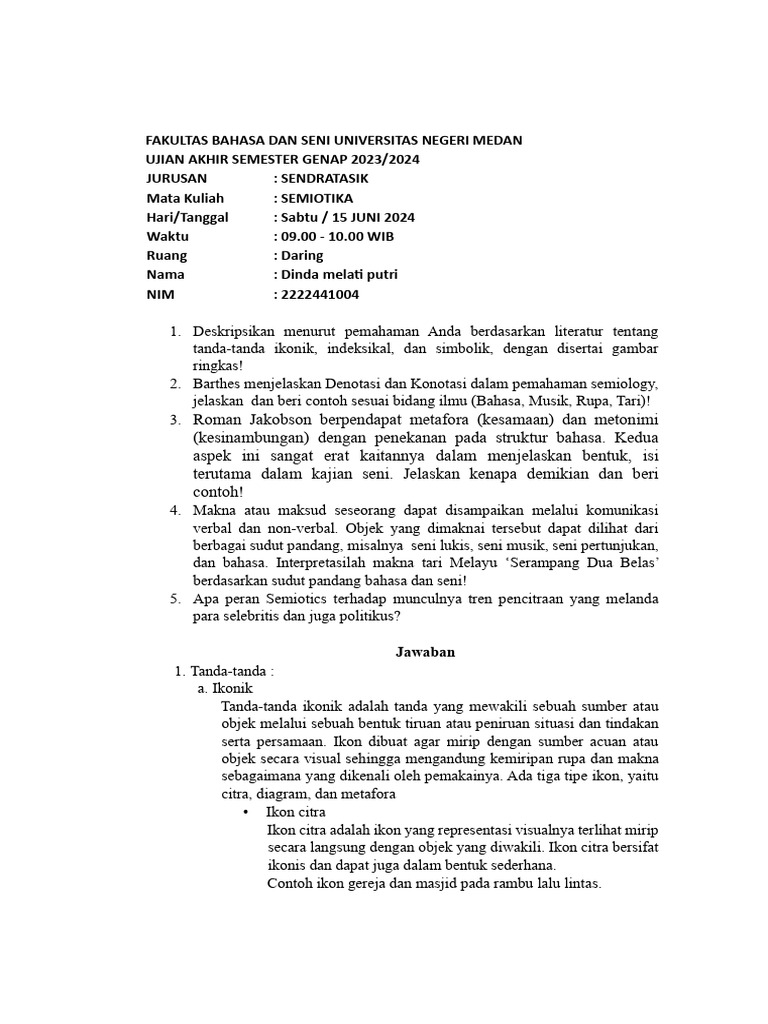 UAS Semiotics Sendratasik 2024 | PDF | Ilmu Sosial | Seni & Disiplin Bahasa